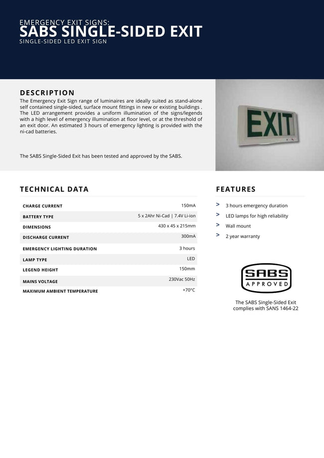 SABS-approved Emergency LED Single-sided Exit Sign