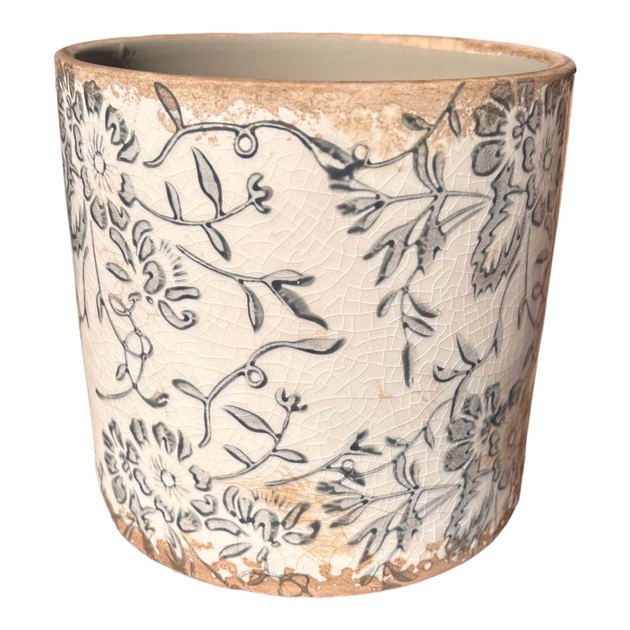 Ceramic Pot - Grey Flowers & Leaves | Stylish Home & Garden Decor ...